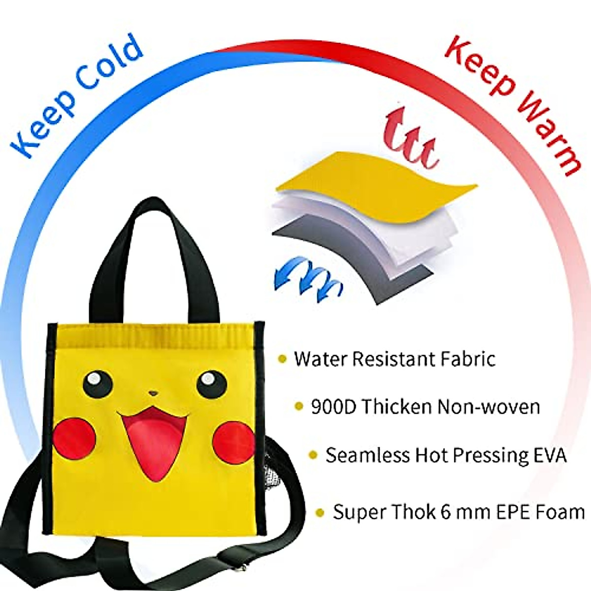 Pocket Insulated Lunch Box With Adjustable Shoulder Strap For Kids, Men/Women, Anime Reusable Lunch Bag With Bottle Holder For Office School Picnic Beach,Keep Food Cold/Warm (PM-PKC)