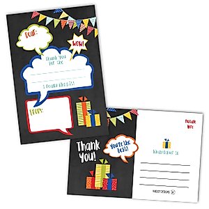 Hadley Designs 25 Chalkboard Kids Thank You Cards, Fill In Thank You Notes For Kid, Blank Personalized Thank Yous For Birthday Gifts, Stationery For Children Boys and Girls