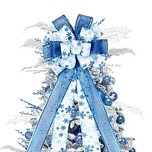 Christmas Tree Topper Bow, 44X12 Inch Artificial Xmas Tree Flower Topper Decor, for Family, Wedding, Birthday Party, Indoor Outdoor Thanksgiving Christmas Decoration - Blue/White/Snowflake.