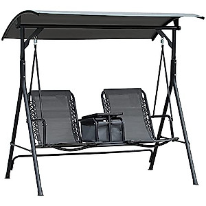 Outsunny 2-Seat Patio Swing Chair, Outdoor Canopy Swing Glider with Pivot Storage Table, Cup Holder, Adjustable Shade, Bungie Seat Suspension and Weather Resistant Steel Frame, Grey