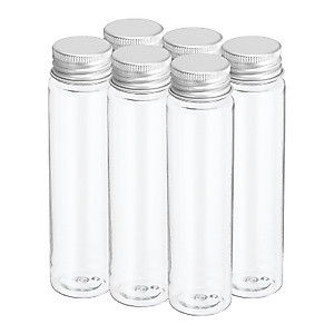 PATIKIL 80ml Plastic Test Tubes with Screw Caps, 6Pcs 128x33mm Flat Bottom Tubes for Scientific Party Decoration Candy Bead Storage Bath Salt, Silver Tone