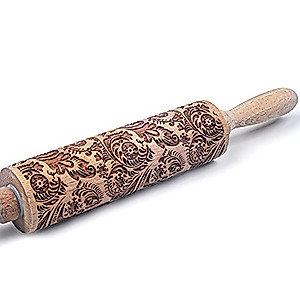 Embossed Rolling Pins for Baking, Small Wooden Roller Pin with Textured Pattern, Best Gift for Wedding, Holiday, Mother, Friends (Flower)