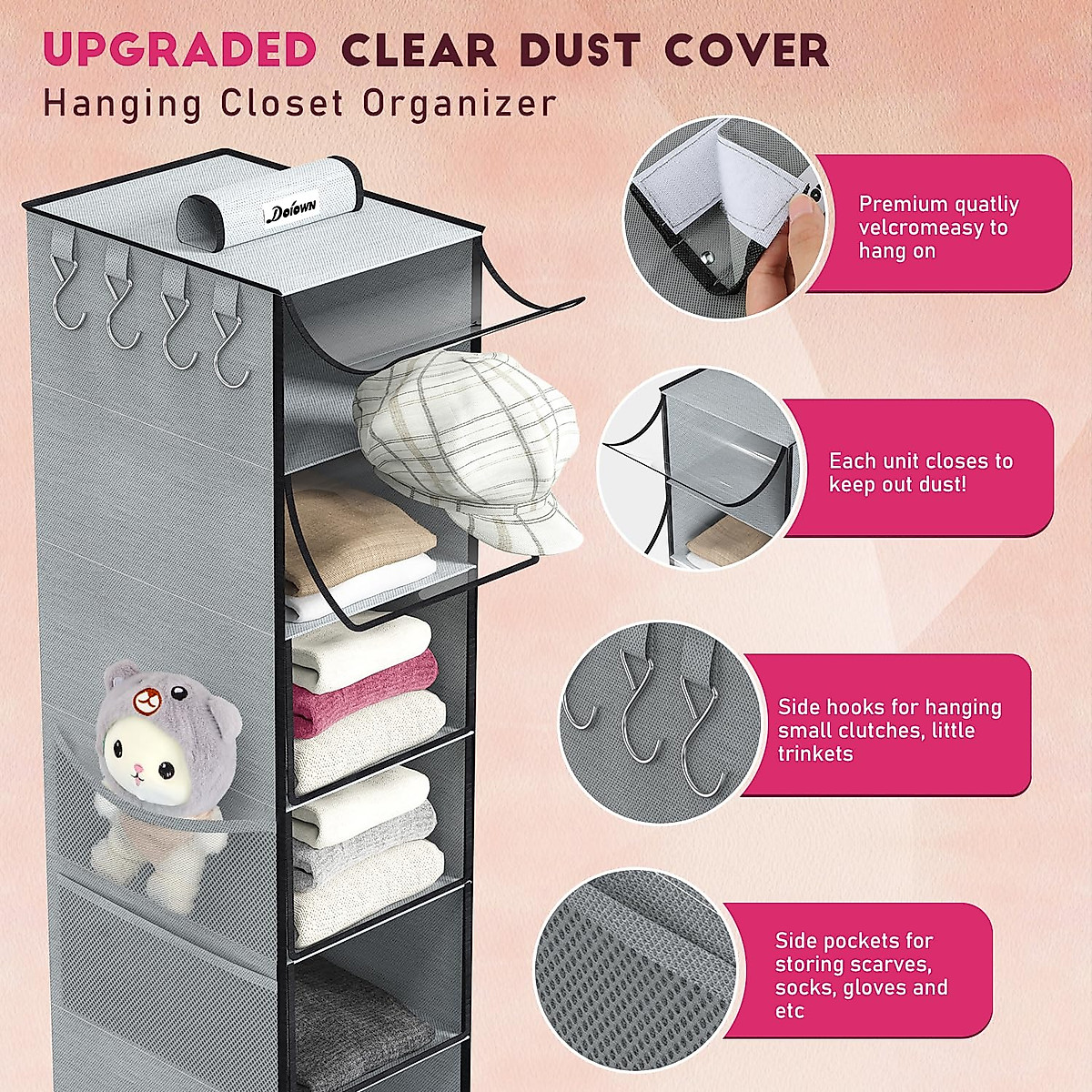 DOIOWN Hanging Closet Organizer and Storage: Upgraded 10 Shelf Closet Hanging Organizer with Clear Cover,Hanging Closet Shelves,Hanging Shelves for Closet