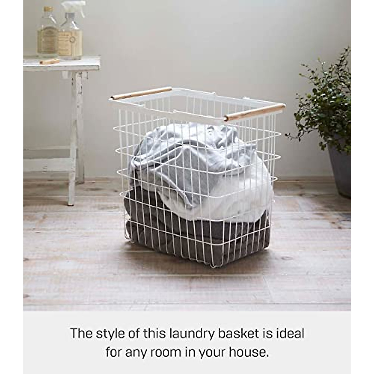 YAMAZAKI Wire Home Wooden Handles | Steel + Wood | Large | Laundry Basket, White