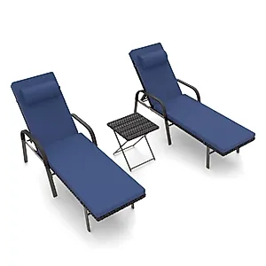 Gotland Patio Chaise Lounge Sets Outdoor Armchair Recliner Rattan Adjustable Back 3 Pieces Cushioned Patio Folding Chaise Lounge with Folding Table