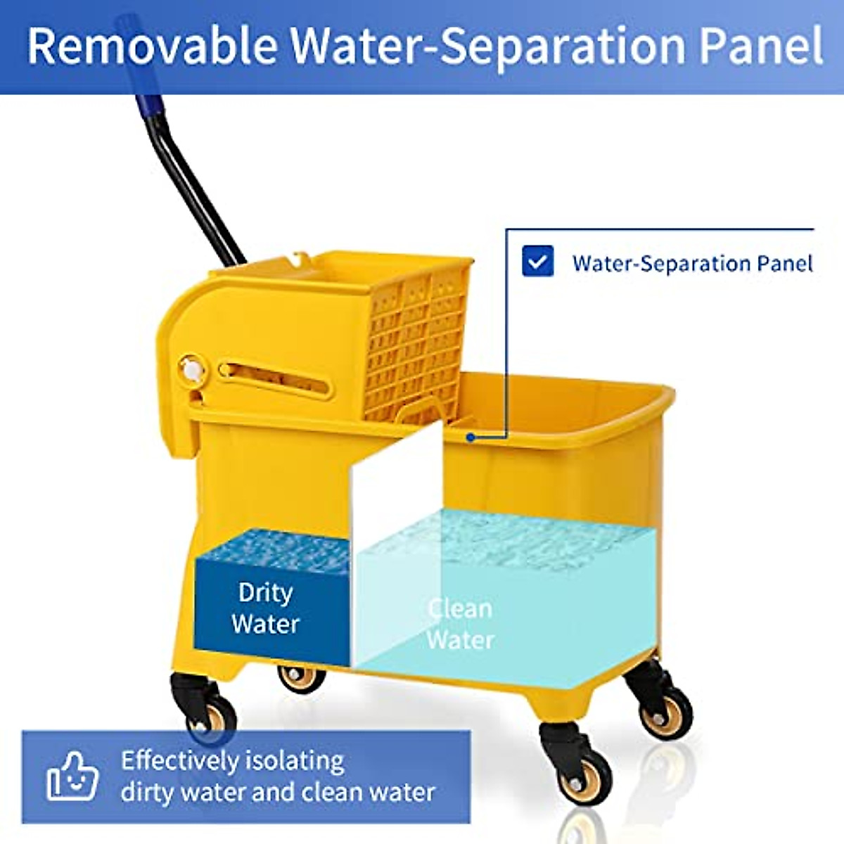 Mop Bucket with Wringer on Wheels, Commercial Mop and Bucket with Wringer Set, Mop Bucket Separate Dirty Water Perfect for School, Offices, Resturants, Restrooms, Yellow( 22 Quarts)