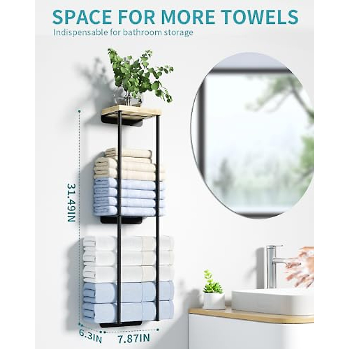 Towel Racks for Bathroom, 2 Tier Wall Towel Holder with Wood Shelf, Metal Wall Towel Rack Mounted Towel Storage for Small Bathroom （Black