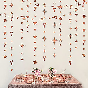 Rose Gold 7th Birthday Decorations Number 7 Circle Dot Twinkle Star Garland Metallic Hanging Streamer Bunting Banner Backdrop for Girls Boys Seven Year Old Birthday 7th Anniversary Party Supplies