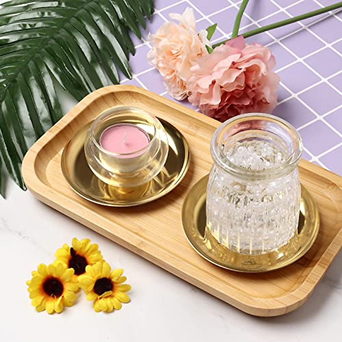 wexpw 2 Pack Gold Jewelry Dish Plate 4inch Stainless Steel Small Gold Decorative Jewelry Tray Golden Tray Round Metal Tray Gold Small Vanity Tray Tea Tray Fruit Trays