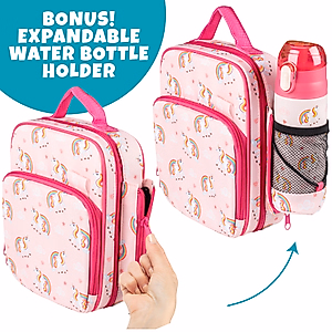 Insulated Lunch Box w Snack Pocket & Water Bottle Holder-Girls or Kids Unicorn School Lunchbox Tote Keeps Food Hotter or Colder Longer- Reusable Bag Fits Most Bento Boxes, Ice Packs- Back to School