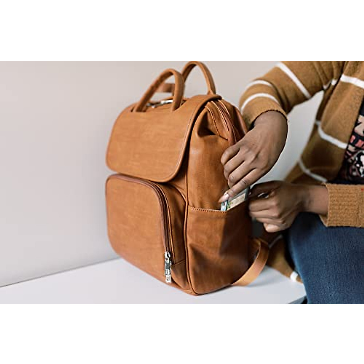 Citi Collective Explorer Brown Diaper Bag Backpack - Vegan Leather Diaper Bag with Shoulder Strap, Insulated Bottle Pockets, Changing Pad, Stroller Clip- Versatile Diaper Bag for Baby