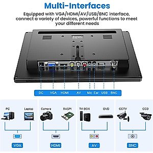Eyoyo 12" Inch TFT LCD Monitor with AV HDMI BNC VGA Input 1366x768 Portable Mini HD Color Screen Display with Built-in Speaker