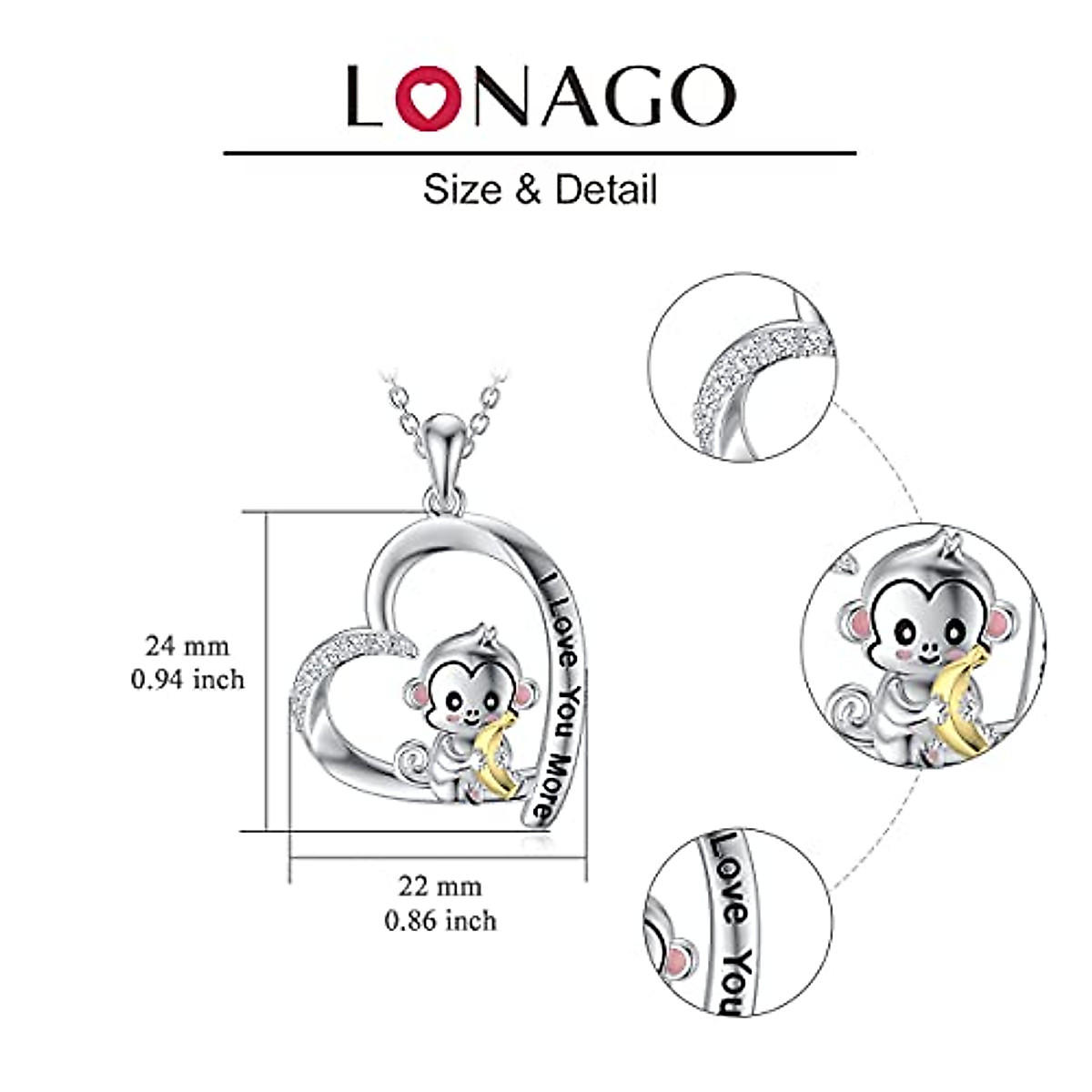 LONAGO Monkey Necklace 925 Sterling Silver I Love You More Cute Monkey Holds Banana Pendant Necklace Jewelry for Women
