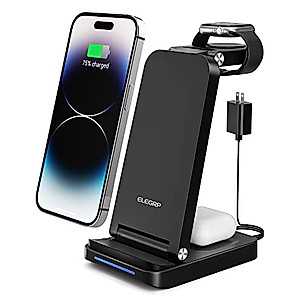 ELEGRP Wireless Charging Station, 3 in 1 Wireless Charger, Foldable Compact Size for iPhone 14/13/12/11/Pro/Max/SE/8 and Android Samsung and Pixel Phone, iWatch and Airpods (with 18w Adapter)