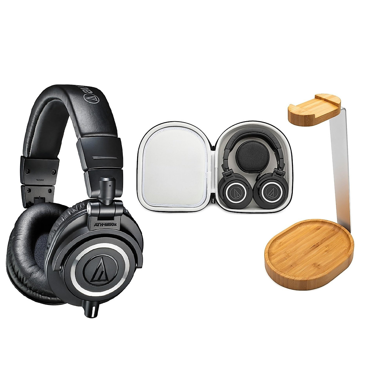 Audio-Technica ATH-M50X Studio Headphones Bundle with Knox Gear Wooden Stand and Protective Case (3 Items)