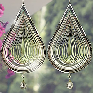 Tsocent Wind Spinners, 2 Pack 12in 3D Stainless Steel Outdoor Hanging Wind Spinner with 2X Water Drop Pendant and 3X 360° Rotating Hook, Reflective Decor for Outside Yard and Garden (2 Pack)