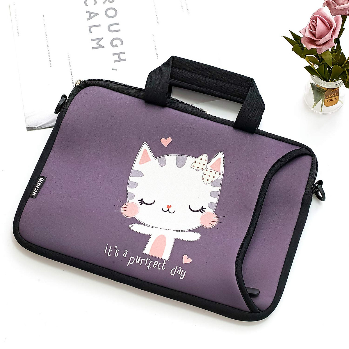 RICHEN 17 inch Laptop Shoulder Bag Carrying Case Computer PC Cover Pouch with Handle Fits 15.6/16/17/17.3/17.4 inch Laptop Notebook (16-17.3 inch, Cute Cat)