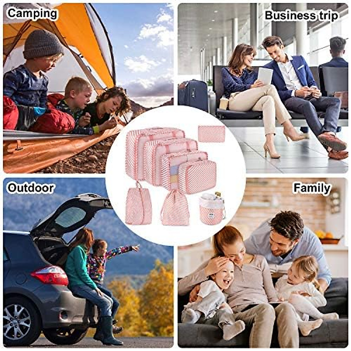 DIMJ Travel Packing Cubes, Luggage Packing Cubes Set with Sturdy Handle Luggage Cubes for Packing Lightweight Travel Clothes Organizer with Makeup Bag, 8 Pack (Pink Stripe)