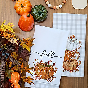 ARKENY Fall Kitchen Towels Set of 2,Orange Pumpkin Grey Buffalo Check Autumn Dish Towels 18x26 Inch Drying Dishcloth,Farmhouse Home Decoration AD118