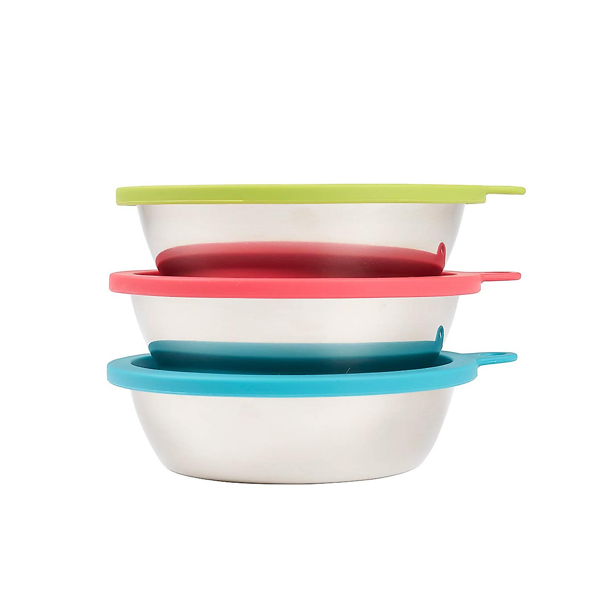 Messy Mutts 6-Piece Set | Three Stainless Steel Bowls and Three Colorful Silicone Lids | Sealable Travel Containers | Portable Food/Water Dishes for Pets | Medium, 1.5 Cups