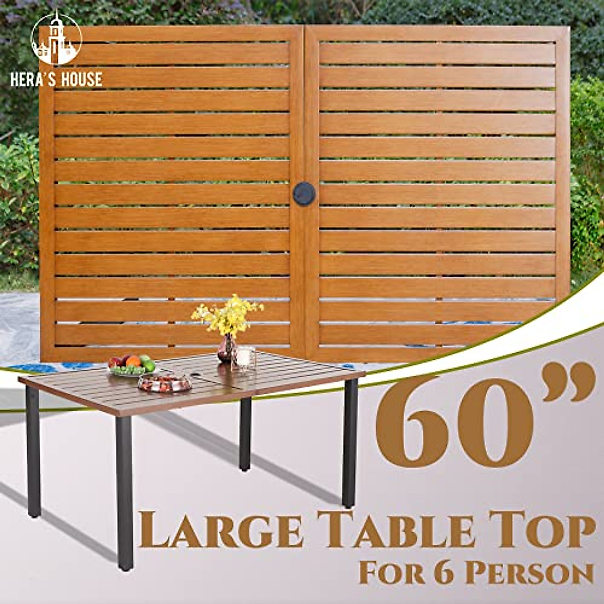 HERA'S HOUSE 7 Pieces Patio Dining Set, Outdoor Table and Chairs Set for 6, 60" Wood Look Table and 6 x Metal Patio Chairs for Backyard Lawn Garden Deck