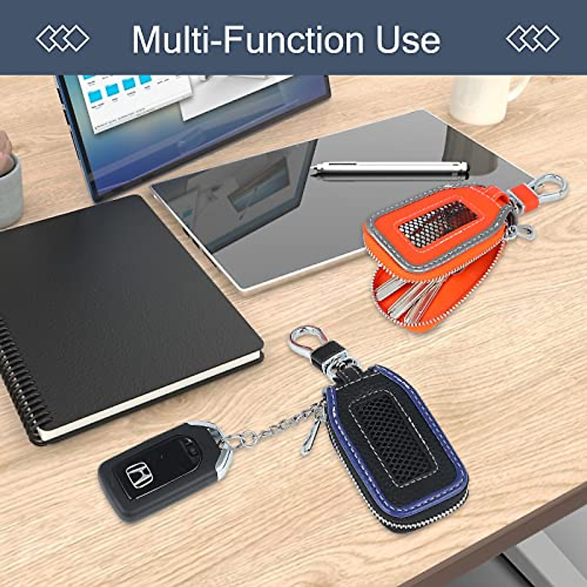 DAYGOS Universal Car Key Case Holder, Leather Car Smart Key Fob Cover with Hook and Keyring Zipper Bag, Keychain Protector Case for Remote Key Fob, Blue, 2 Pack