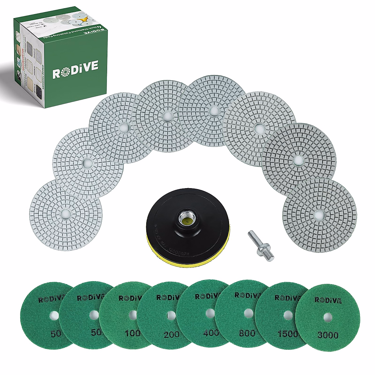 4 Inch Diamond Polishing Pads -11PCS Stone Polishing Kit, 50-3000 Grit with Two Different 5/8’’-11 Backer Pads for Granite, Marble, and Quartz Countertops - Use with Drill, Grinder, and Polisher.