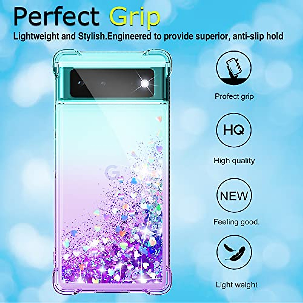 Gritup Pixel 6 Case, Google Pixel 6 Case with HD Screen Protector, Glitter Liquid Pixel 6 Phone Case Gradient Bling Quicksand Protective Soft Phone Case for Google Pixel 6, Teal/Purple