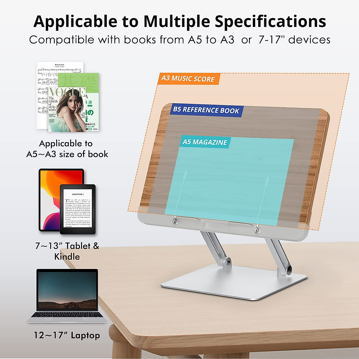 viozon Book Stand for Reading, Wooden Cookbook Holder, Adjustable Height&Angle, Aluminum Alloy, Foldable & Portable, for Office, Kitchen, School. Kids & Adults Textbook, Recipe, Magazine, Tablet-