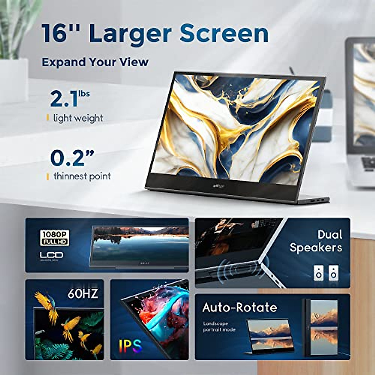 Mobile Pixels Glance 16" 1080P FHD Travel Monitor for Laptop, Portable Monitor HDMI USB Type C Connection, Tilt Adjustment & Non-Slip Portable Computer Screen with Dual Speakers for PC, macOS, Windows