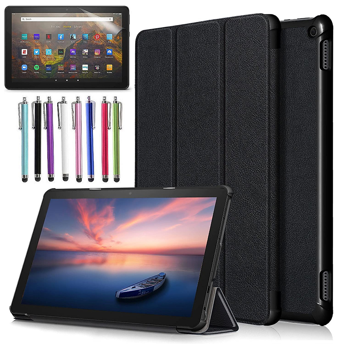 EpicGadget Case for Amazon Fire HD 10 / Fire HD 10 Plus (11th Generation, 2021 Released) - Lightweight Tri-fold Stand Auto Wake/Sleep Folio Cover Case + 1 Screen Protector and 1 Stylus (Black)