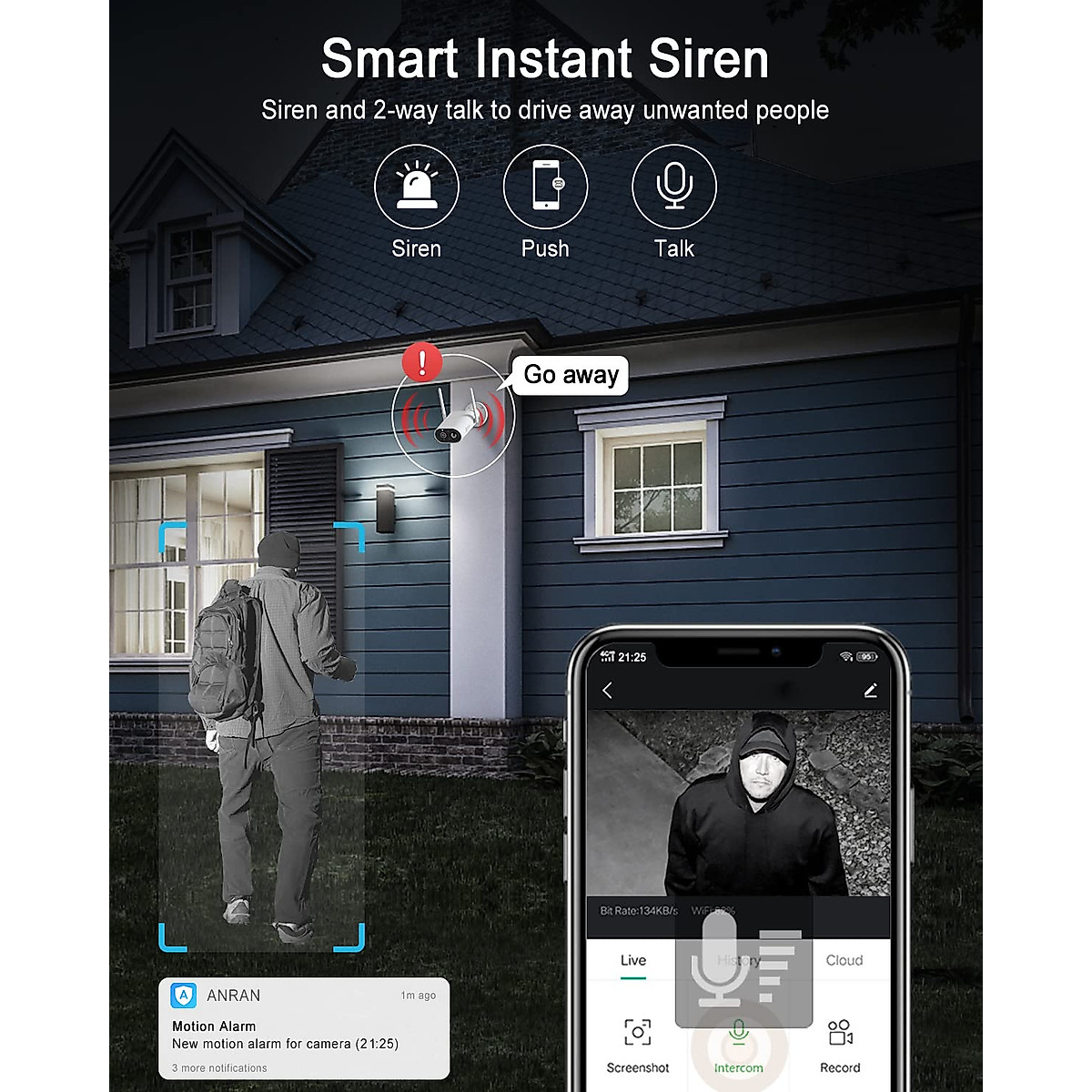 ANRAN Security Cameras Wireless Outdoor - 2K Solar Security WiFi Camera, Night Vision, IP65 Waterproof, Smart Siren, PIR Human Detection, 2-Way Talk, Work with Alexa, Home Surveillance, S1 White