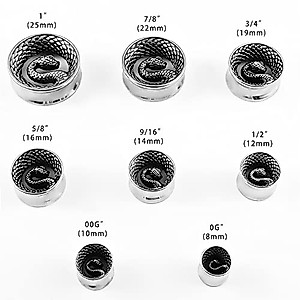 Atomhole 8mm-25mm (0g-1") Snake Ear Plugs Tunnels Ear Gauges 316 Stainless Steel Hypoallergenic Earrings Expander Body Piercing Jewelry 2PCS (10mm(00G), Silver)