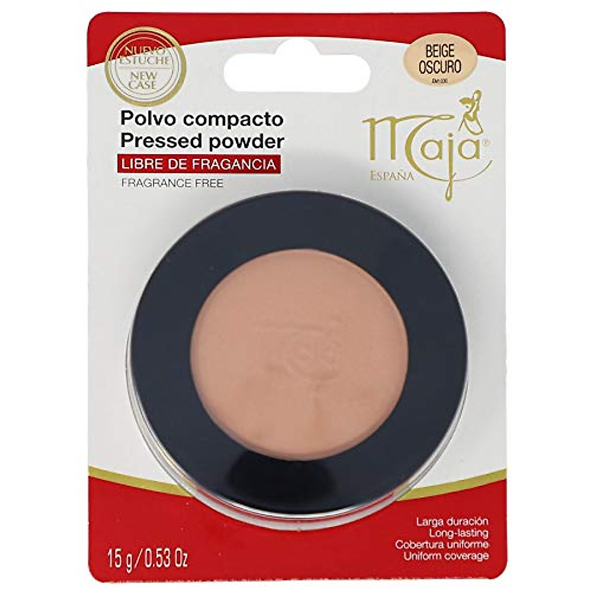 Maja Pressed Compact Powder for Flawless Uniform Coverage, Matte Skin, Without Shine, Long Lasting Effect, Fragrance-Free, Mirror and Tassel, Beige Oscuro Color, 0.53 Oz, Box