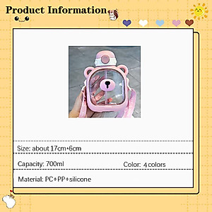 FEUSEUZ Kawaii Water Bottle 24 oz square transparent water bottle Cute little bear portable water bottle with strap and sticker (coffee,700ml)