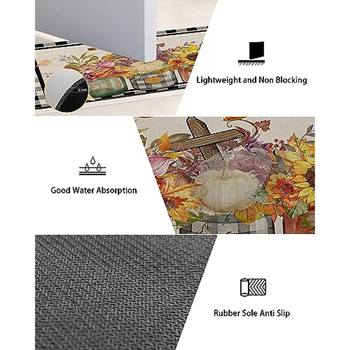 Bathroom Floor Shower Mat, Non-Slip Small Rugs - Easy to Clean, Fall Thanksgiving Sunflower Pumpkin Flower Durable Bath Rug 16"x24" Washable Quick Dry Diatomaceous Earth Mats for Bathtubs