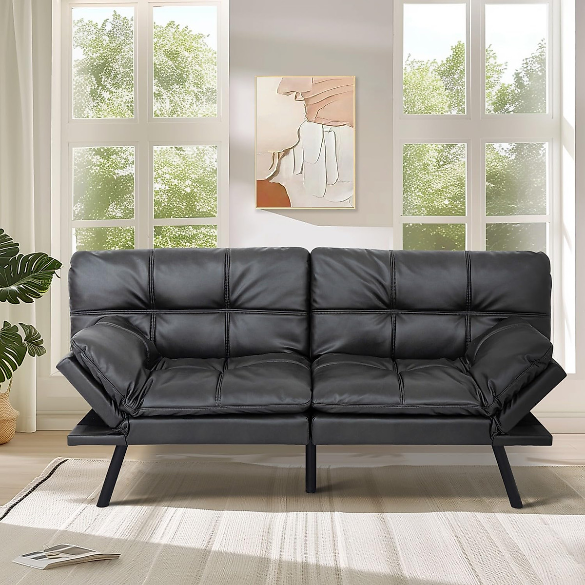 MUUEGM Futon Sofa Bed, 71" Convertible Faux Leather Futon Couch Bed, Modern Sleeper Sofa for Living Room,Small Space,Office,Adjustable Backrests Armrests Couch, Matte Black
