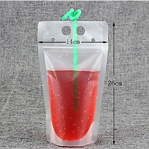 Herdro 100 Pack Clear Drink Pouches Bags with Straws - Reclosable Zipper Stand-up Plastic Pouches Bags Drinking Bags - 9.1" x 5.2"/17 Oz