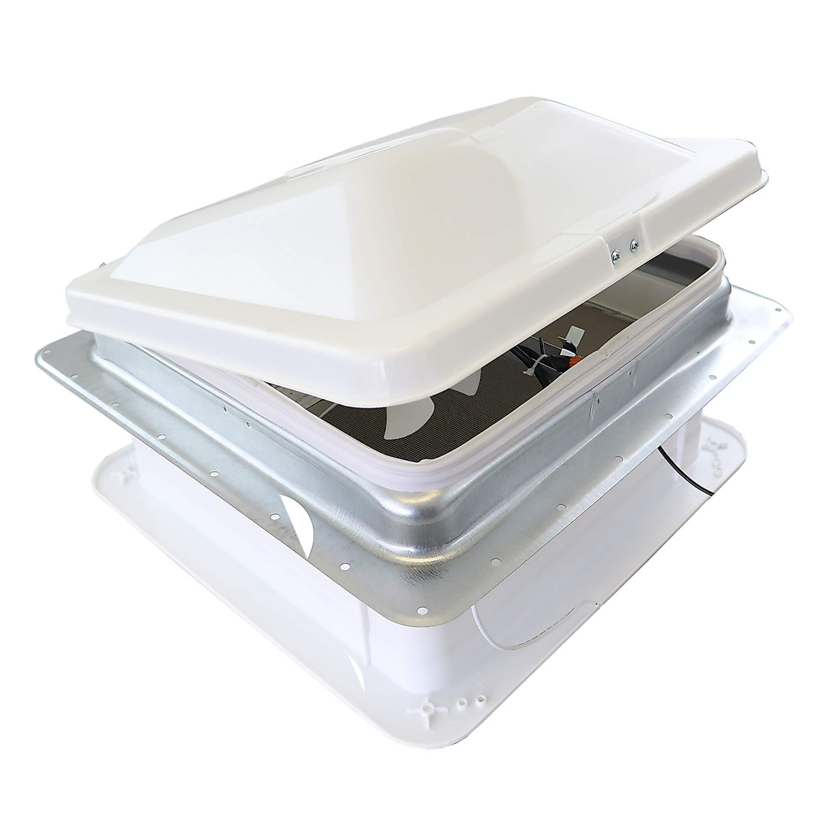 Class A Customs 14" RV Roof Vent 12 Volt Powered Fan w/White Wedge Lid - 5" Garnish Ring | 71112A-5G