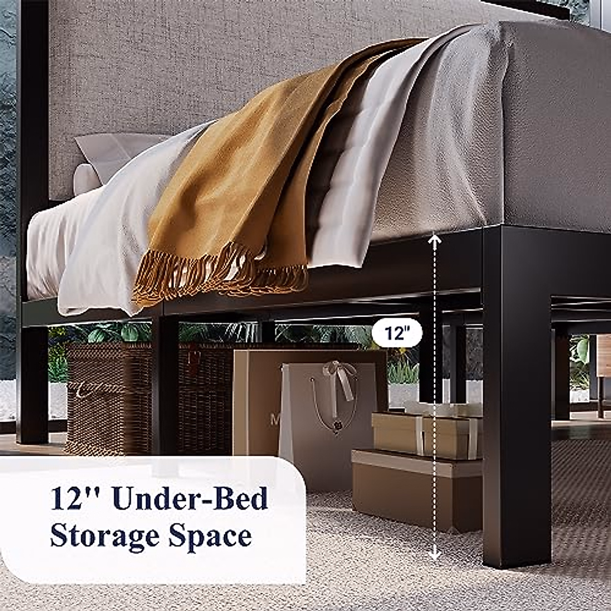 Allewie Full Size Bed Frame with 47'' Tall Upholstered Headboard, High Metal Bed Frame with 12'' Under-Bed Storage Space/Wood Slats Support/Easy Assembly/No Box Spring Need/Noise-Free/Grey