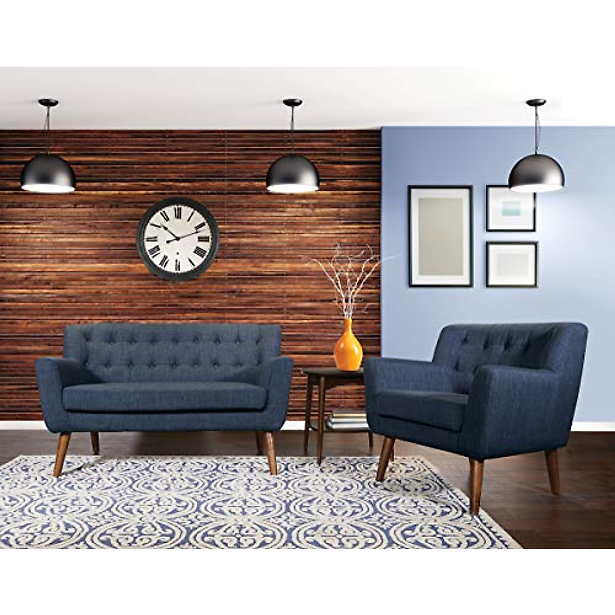 AVENUE•SIX OSP Home Furnishings Mill Lane Mid-Century Modern Loveseat with Button Tufted Design and Spring Cushion Support, Navy Blue Fabric