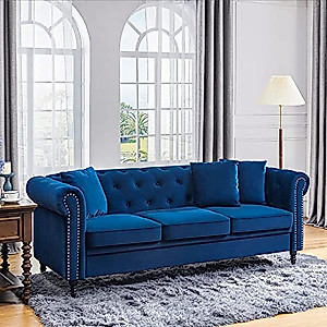 kinmars Chesterfield Sofa Velvet,3 Seater Couch Furniture,Couches for Living Room with Deep Button Tufting,Large Sofa with Rolled Arms (Blue)