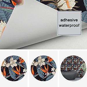 UniGoos White Floral Peel and Stick Wallpaper Black Background Blue Palm Flower Contact Paper Vinyl Self-Adhesive Vintage Wall Paper Roll for Cabinet DIY Decor 17.7" x 118"