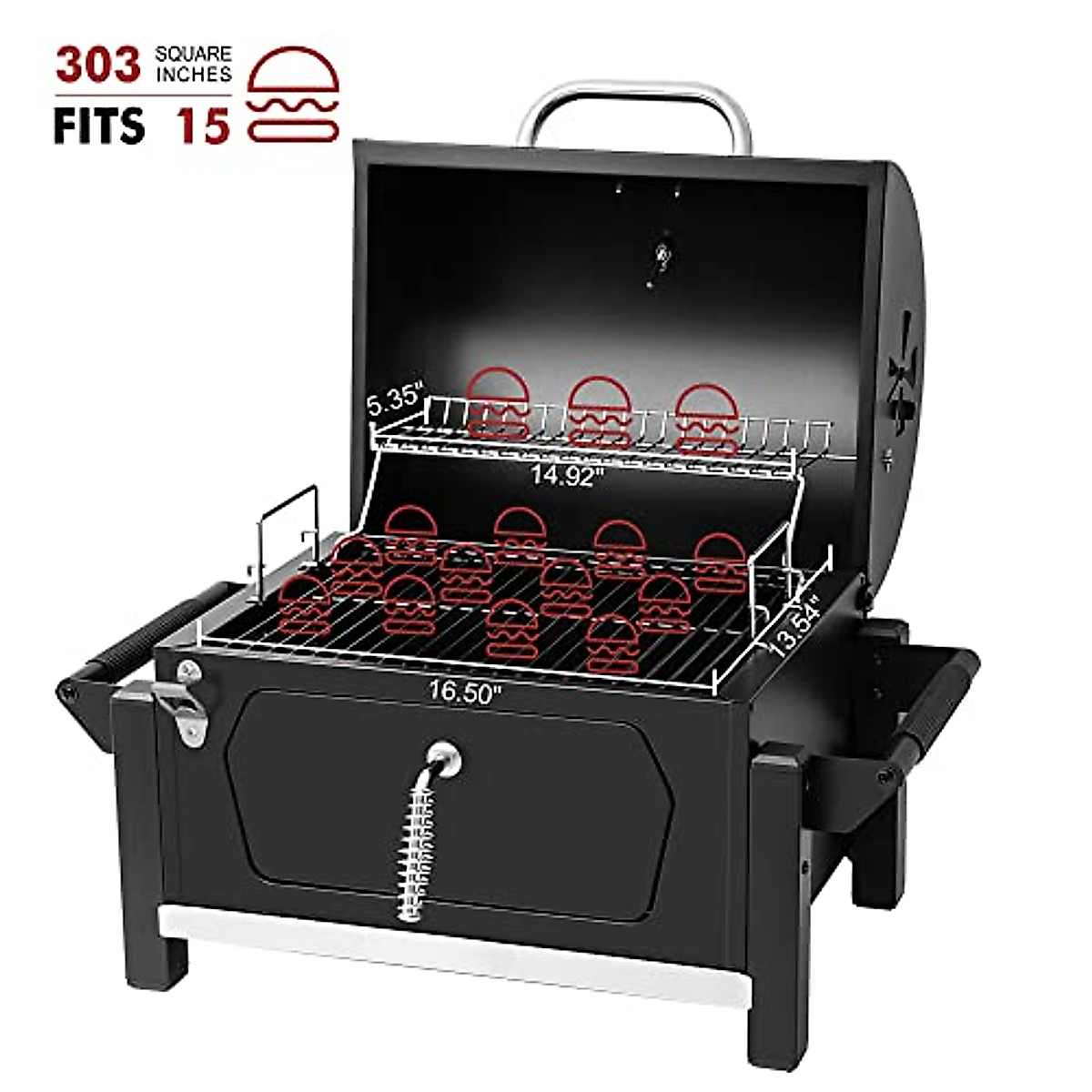 Grills House Portable Charcoal Grill with Two Side Handles, Compact Outdoor Charcoal Grill for Travel, Picnic, Tailgate, and Campsite Cooking, CD1519-SC, Black