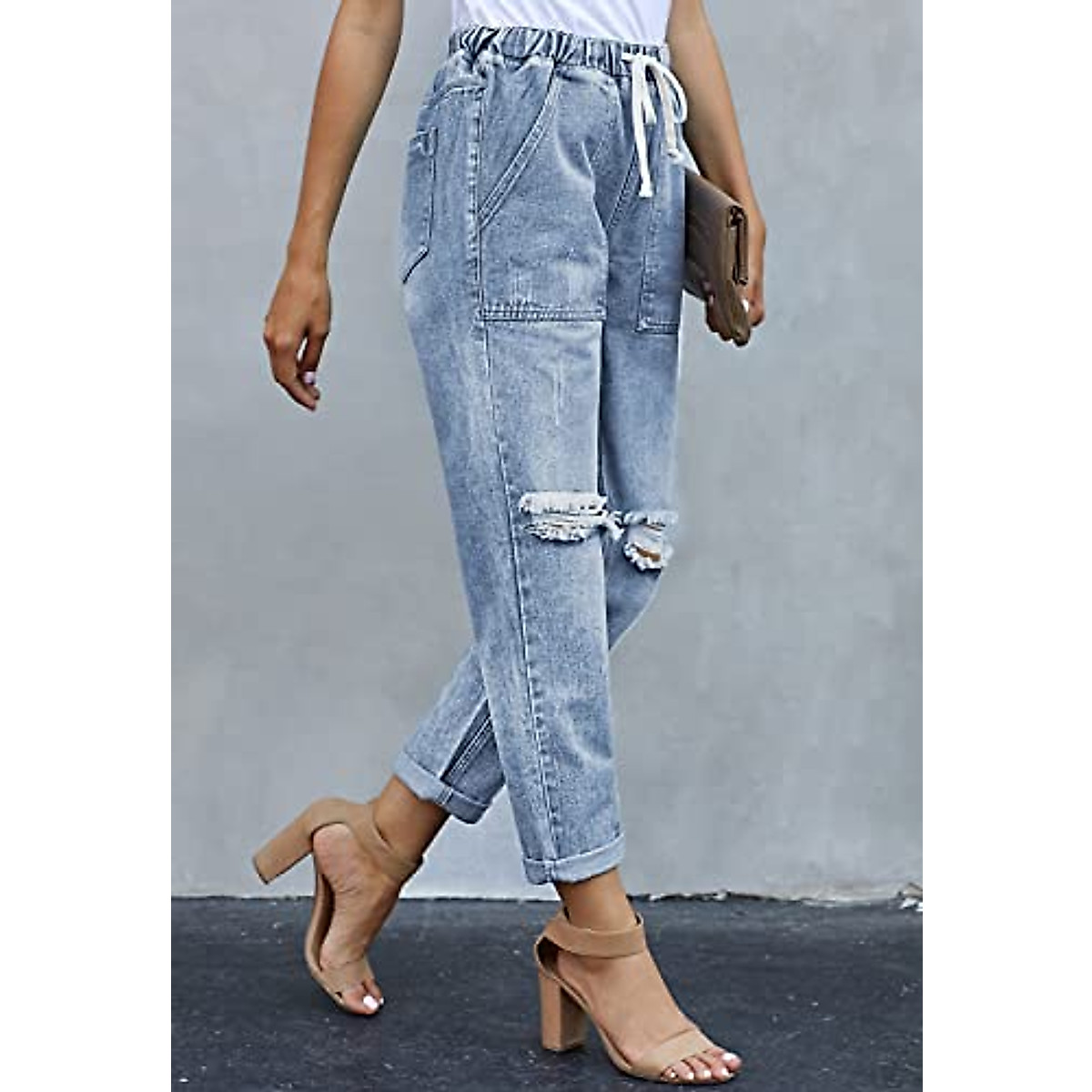 Metietila Women’s Casual Pull-on Distressed Stretch Jeans Elastic Waist Jean Light Indigo Denim Joggers Pants for Women XX-Large