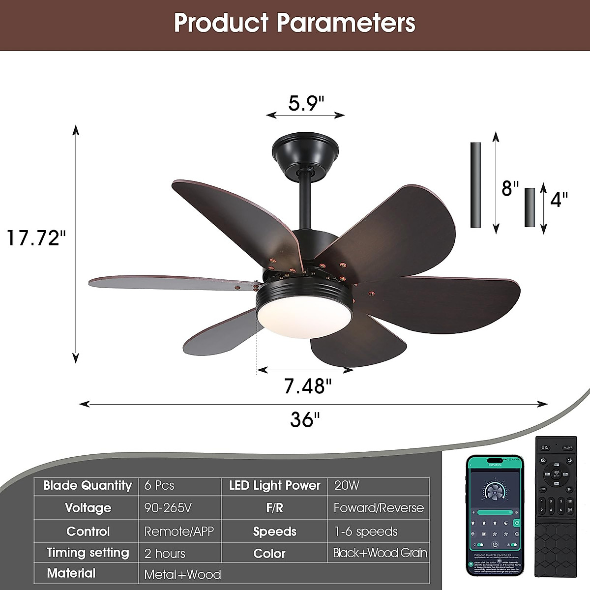 MADSHNE Ceiling Fans with Lights and Remote,36" Black Outdoor Ceiling Fans with 6 Reversible Wood Blades,Small Modern Ceiling Fans for Patio Kitchen Bedroom