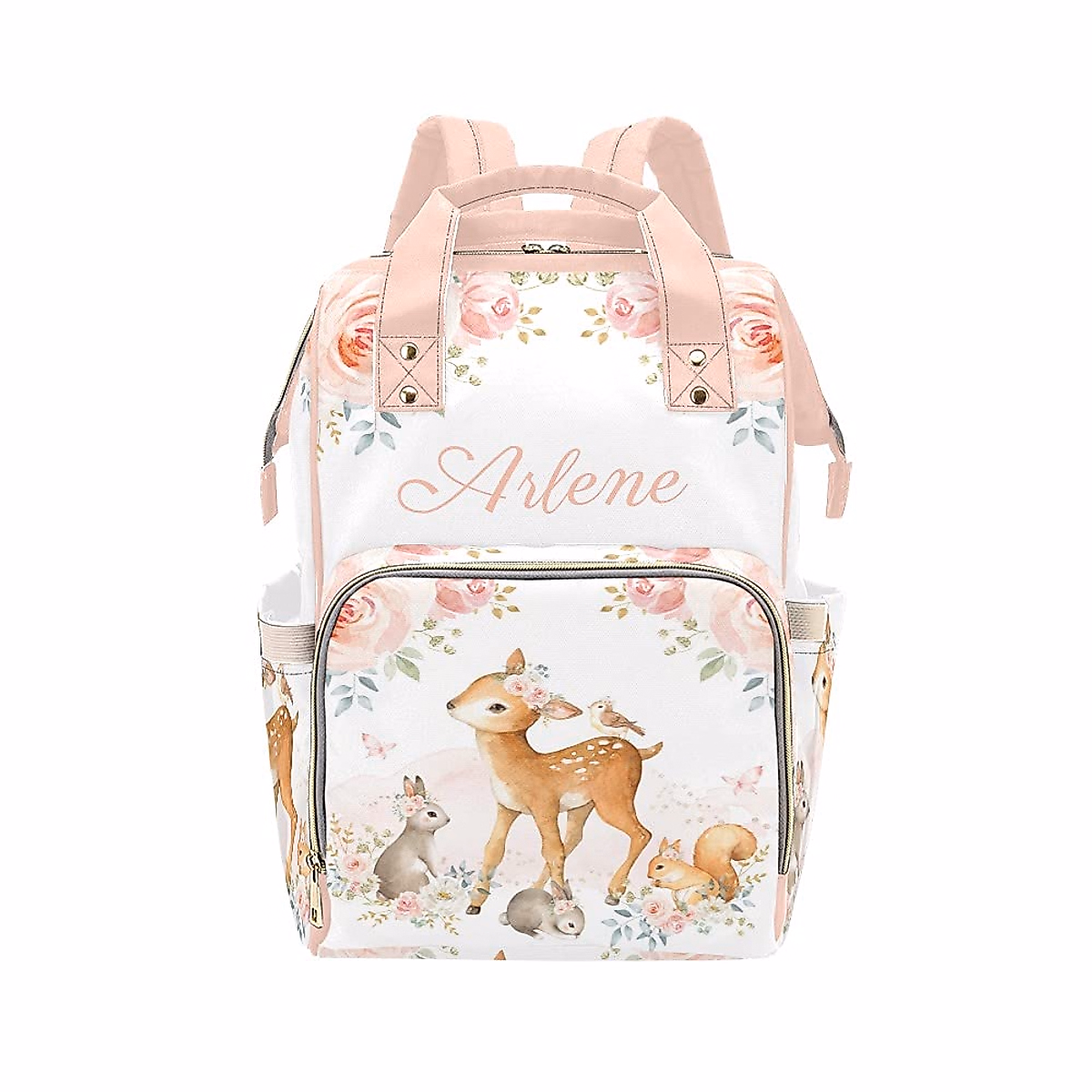 Yeshop Deer Bunny Floral Pink Woodland Multi-Function Personalized Diaper Bag Backpack Tote with Name,Custom Travel Nappy Mommy for Baby Girl Boy Gift, 10.83 inches * 6.69 inches* 15