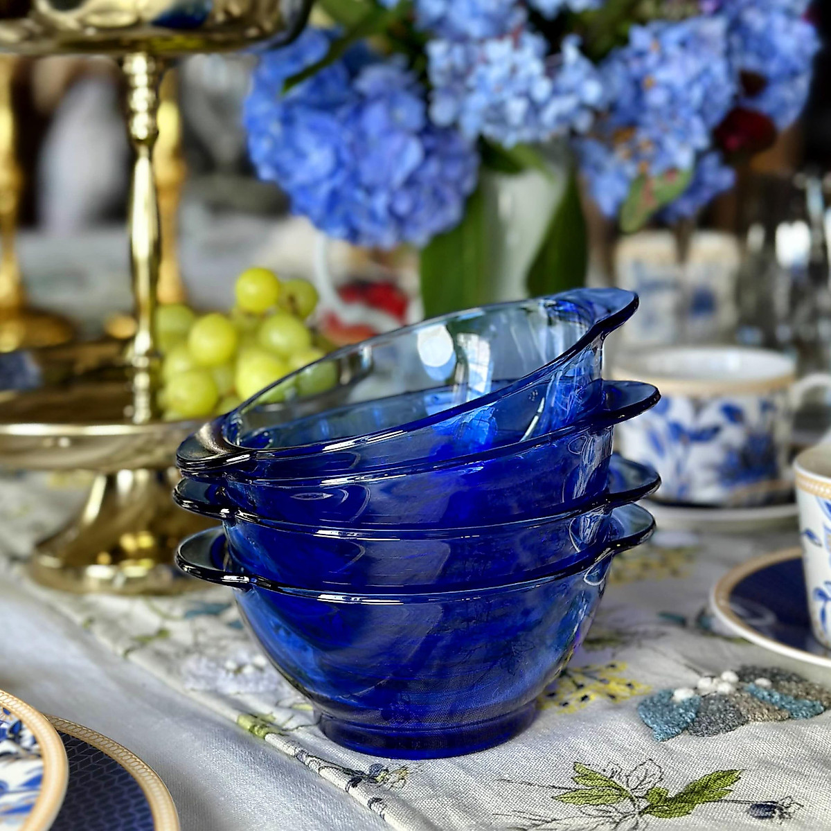 STP GOODS Glass Dinner Plates - Set of 4, Blue Cobalt Transparent Glass Eating Plates, Circular Glass Dinnerware for Salad, Bread, Dinner (15 Oz Glass Dessert Cup Set, Set of 4)