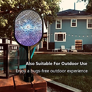 LONGCHIN Bug Zapper Racket USB Rechargeable Electric Fly Swatter with Blue Light Attractant for Home & Outdoor, 3000 Volt, Large Size (Black)