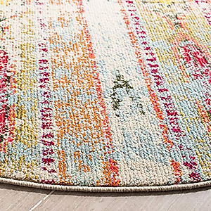 SAFAVIEH Madison Collection 5' Round Blue/Orange MAD422F Boho Chic Tribal Distressed Non-Shedding Dining Room Entryway Foyer Living Room Bedroom Area Rug